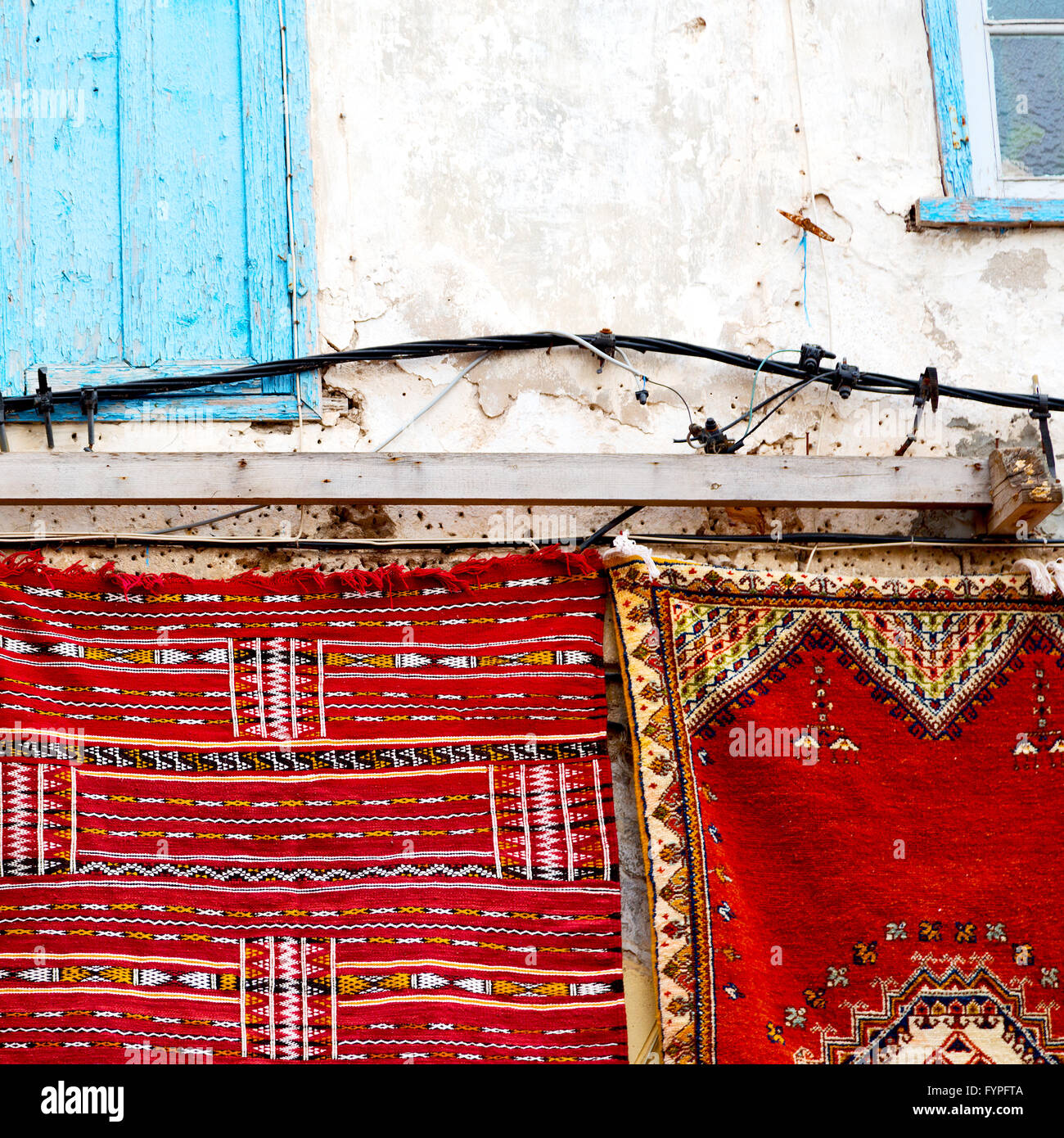 blue window in morocco africa old construction and brown wall red ...
