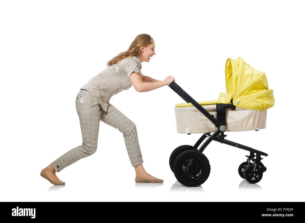The woman with baby and pram isolated on white Stock Photo - Alamy