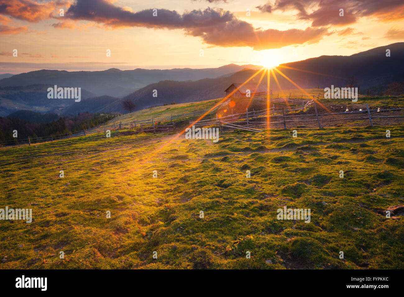 Sunny morning mountains rural landscape Stock Photo - Alamy