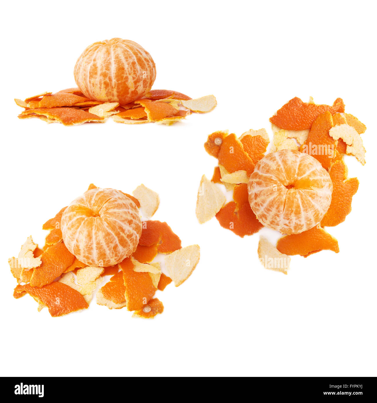 Tangerine on a pile of it's peel isolated on white background Stock ...