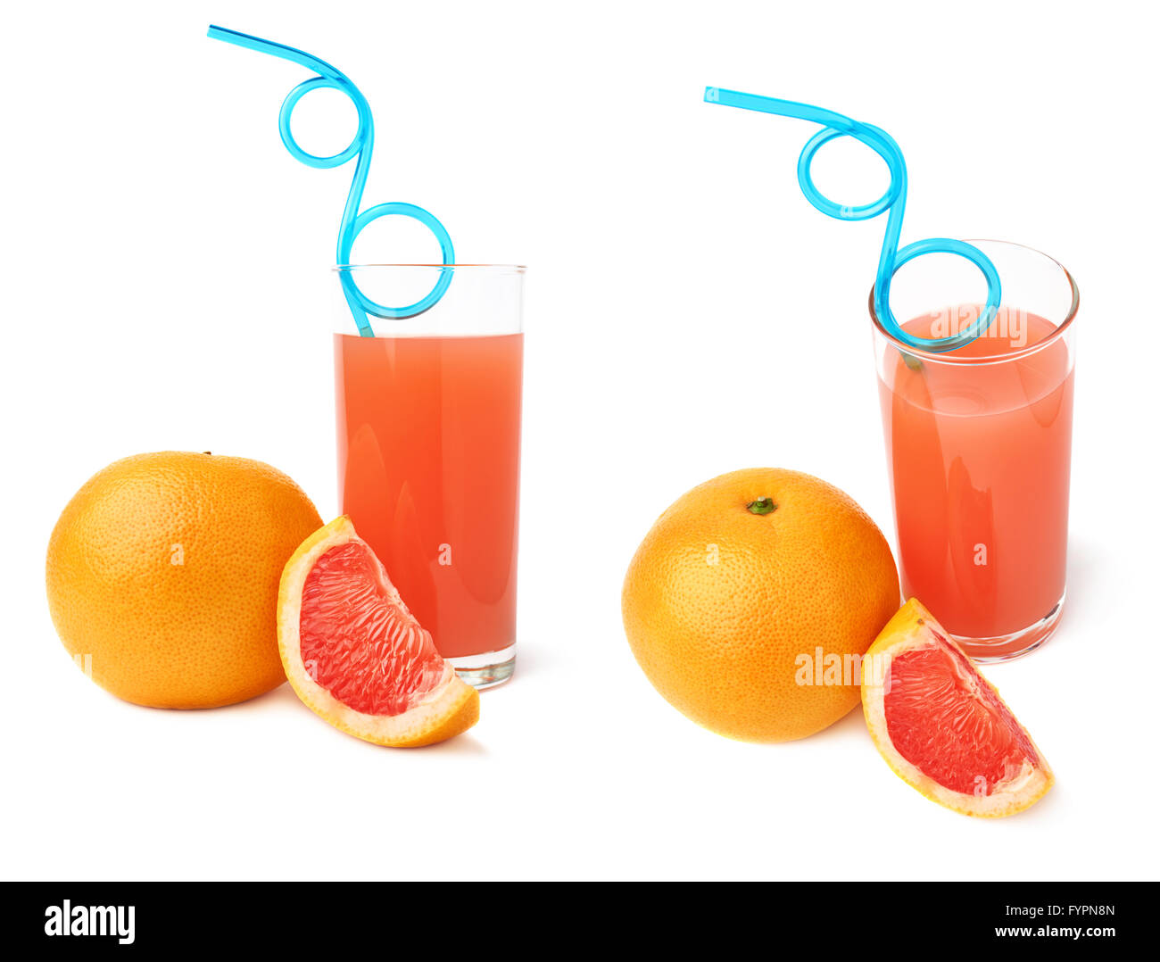 Tall glass filled with the grapefruit juice, blue curved drinking straw ...