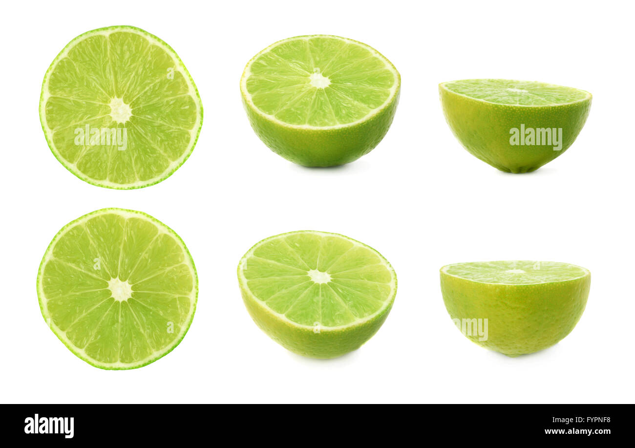 Set of ripe lime cuts in half isolated over the white background, three ...