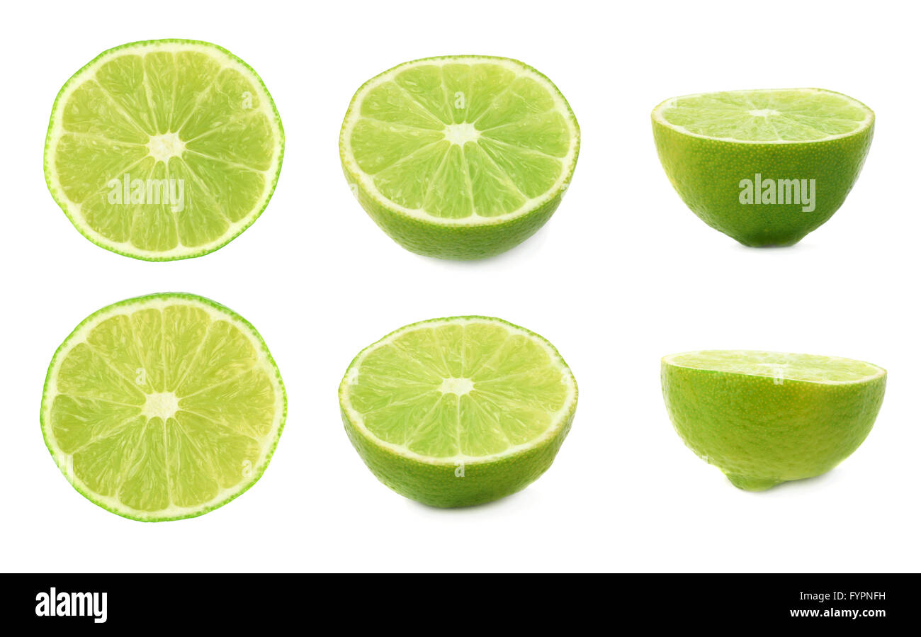 Set of ripe lime cuts in half isolated over the white background, three ...