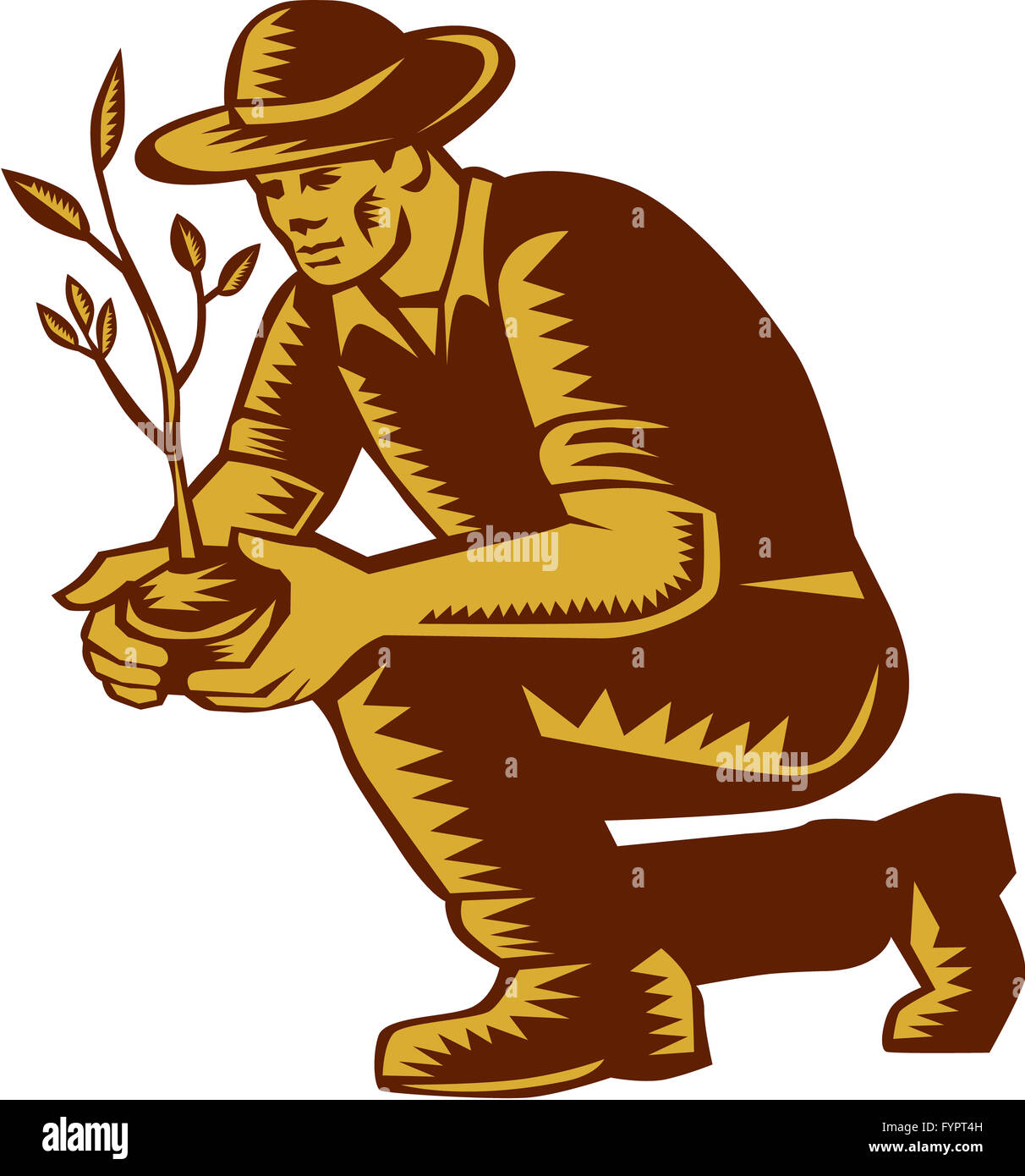 Organic Farmer Planting Tree Woodcut Linocut Stock Photo - Alamy