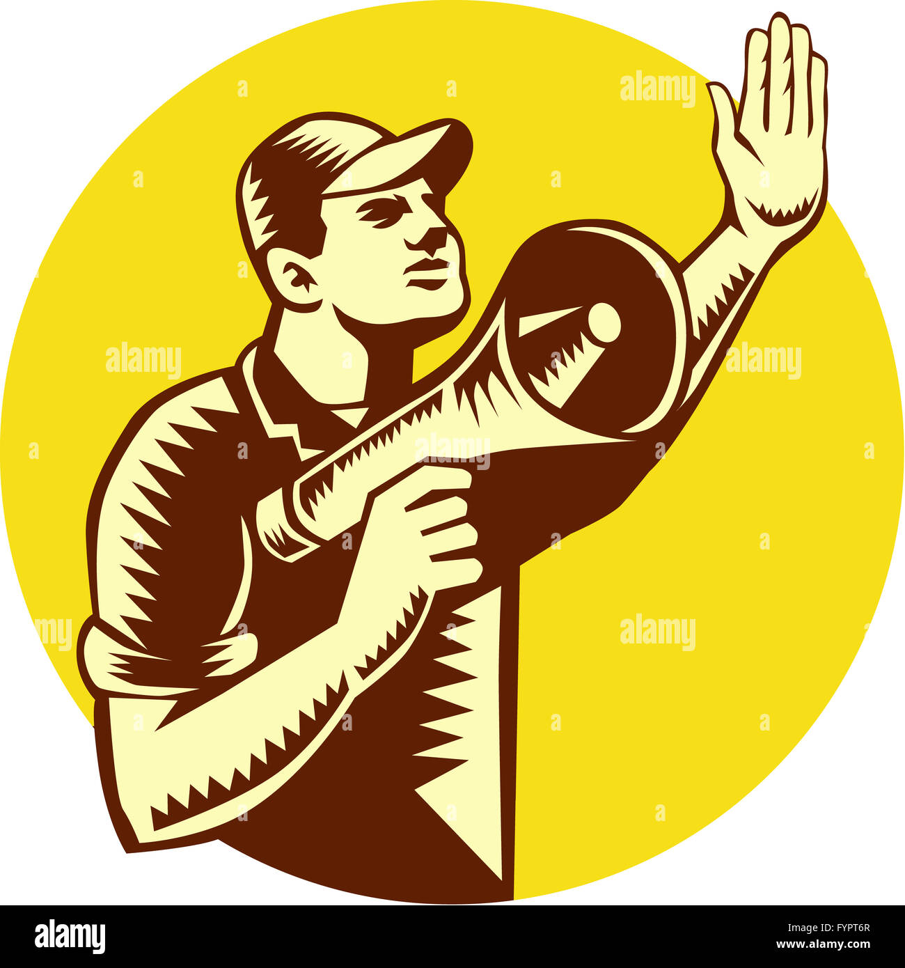 Worker Holding Megaphone Circle Woodcut Stock Photo - Alamy