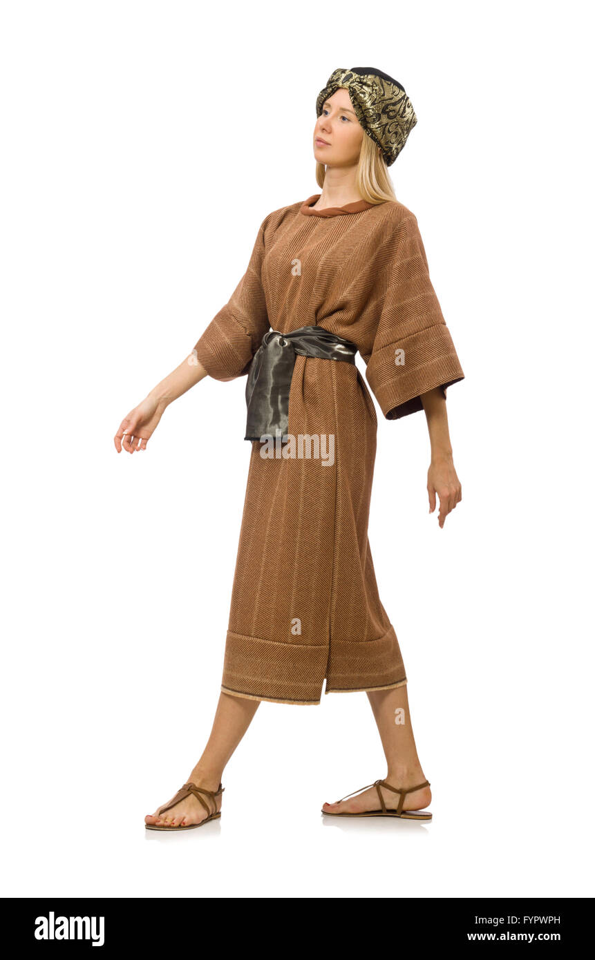 The woman wearing medieval arab clothing on white Stock Photo - Alamy