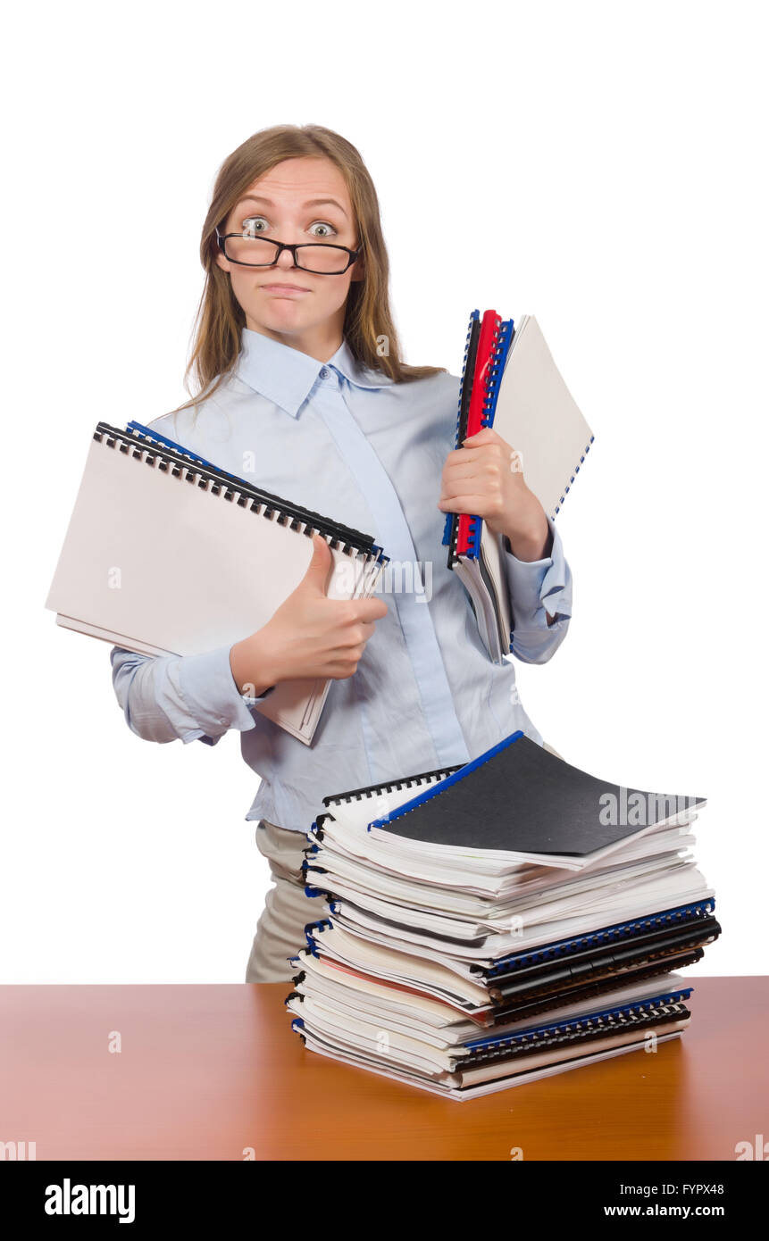 The office employee at work table isolated on white Stock Photo - Alamy