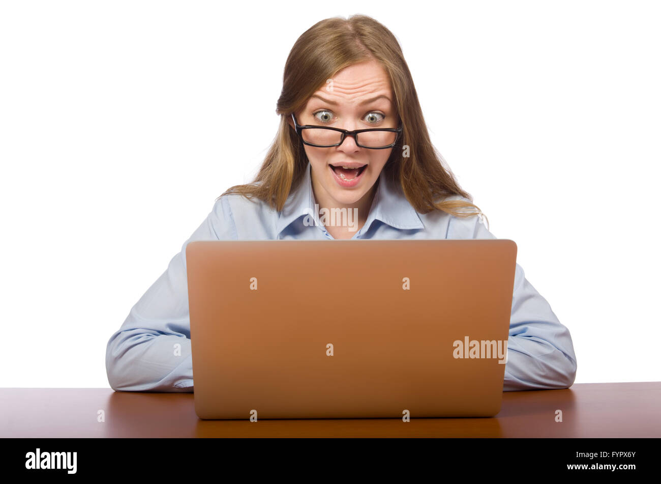 The office employee at work table isolated on white Stock Photo - Alamy