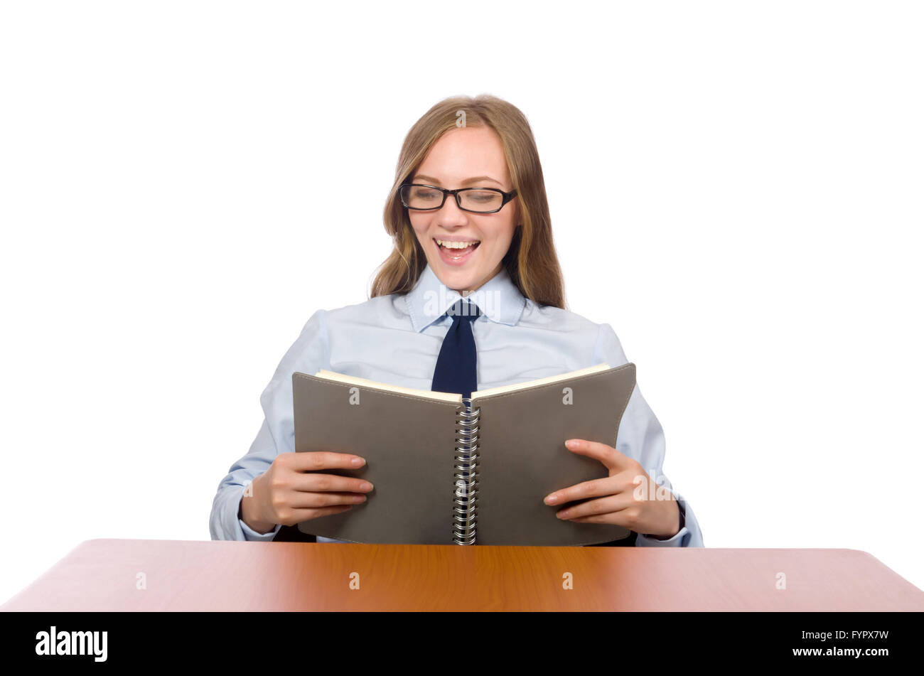 The office employee at work table isolated on white Stock Photo - Alamy
