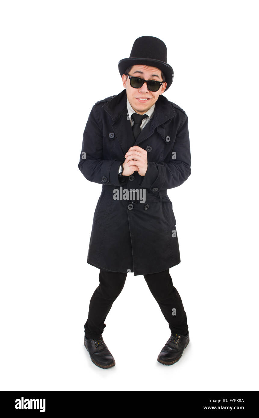 The young detective in black coat isolated on white Stock Photo - Alamy