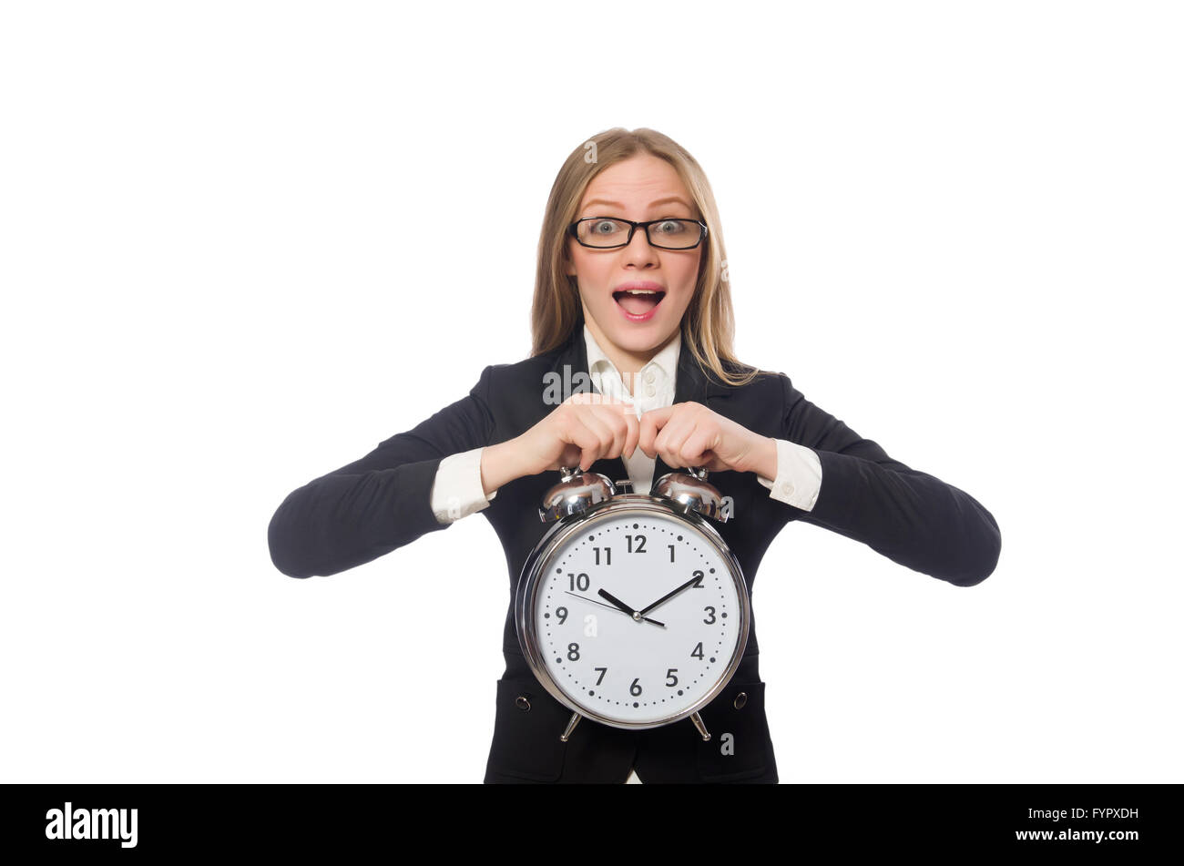 The pretty office employee with alarm clock isolated on white Stock ...