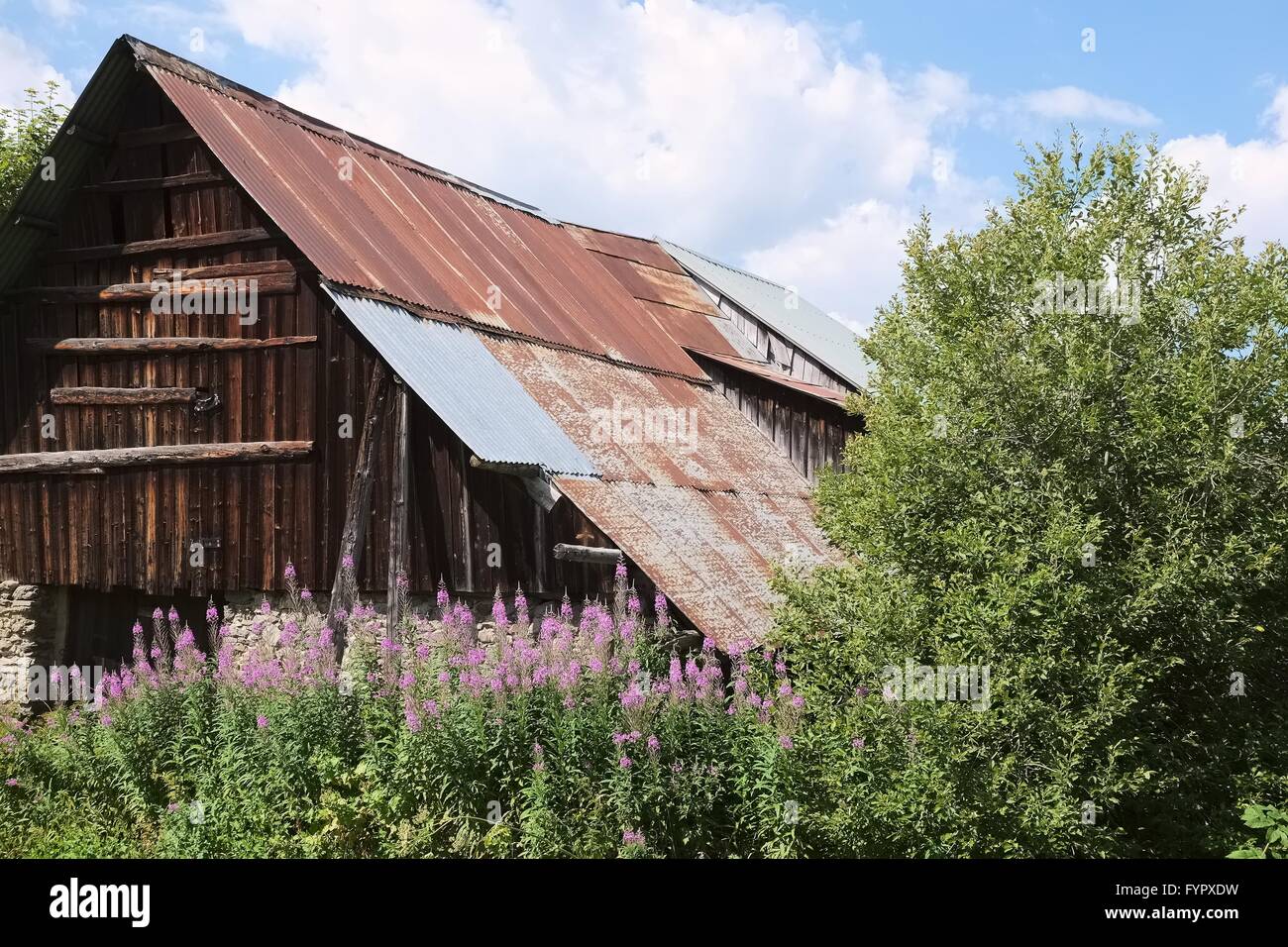 Barn ruin in the french alps, made of boulders, wood gable and rusty ...