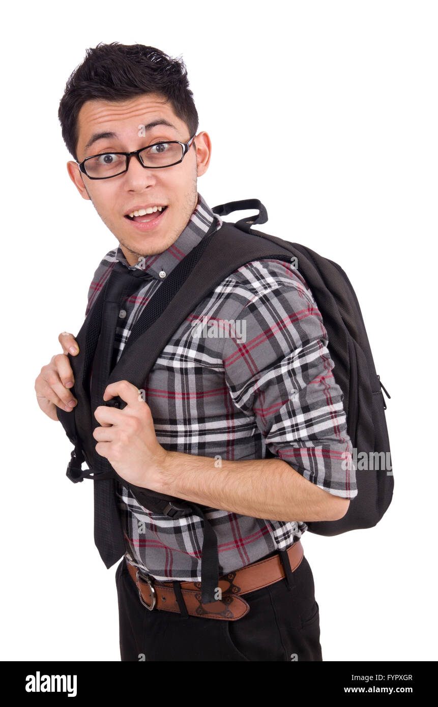 The young employee with backpack isolated on white Stock Photo - Alamy