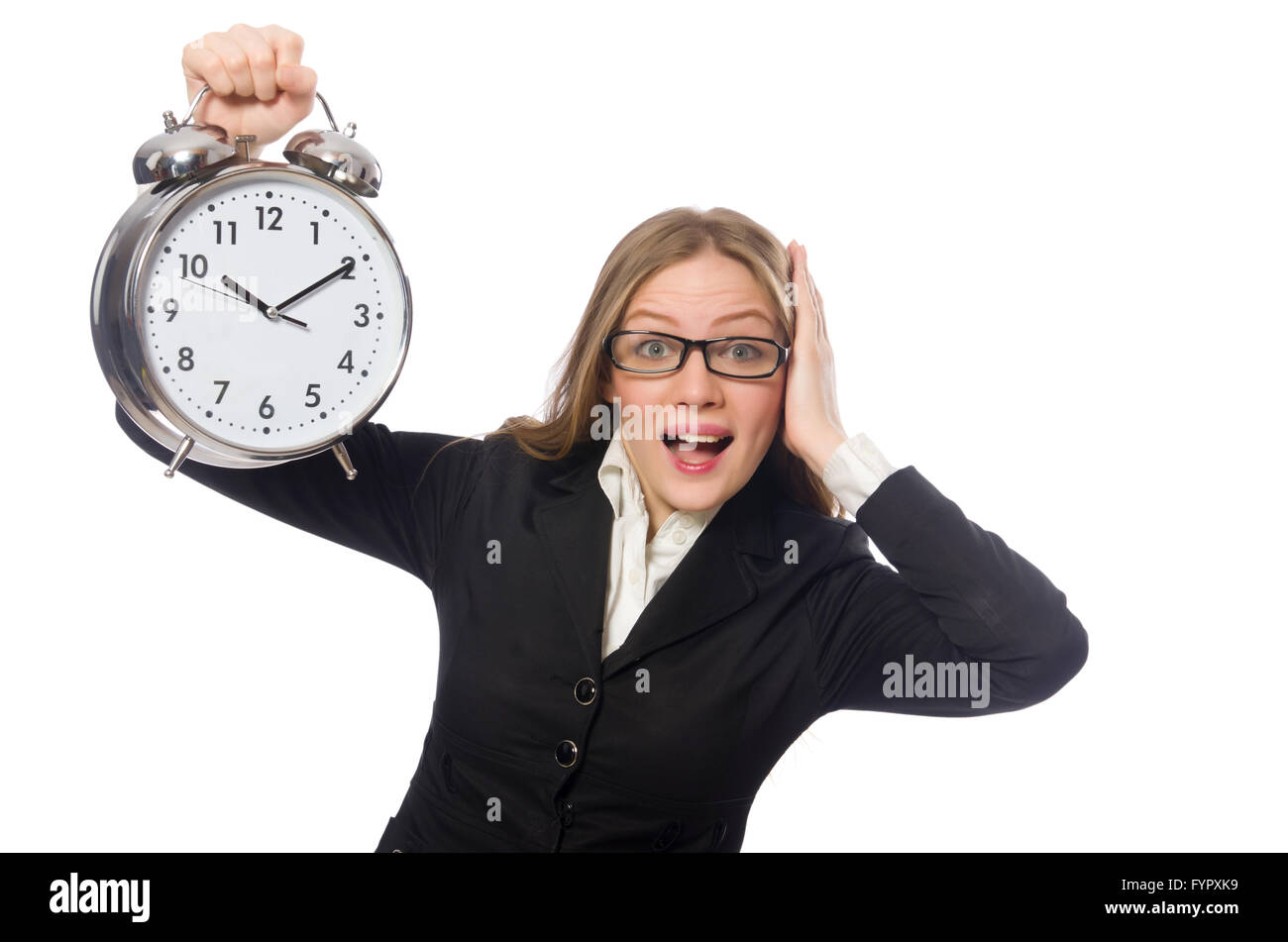 The pretty office employee with alarm clock isolated on white Stock ...