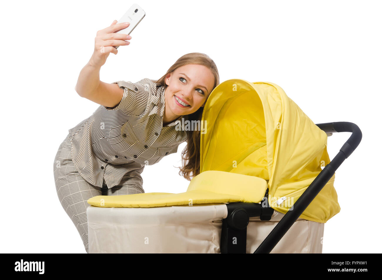 The woman with baby and pram isolated on white Stock Photo - Alamy