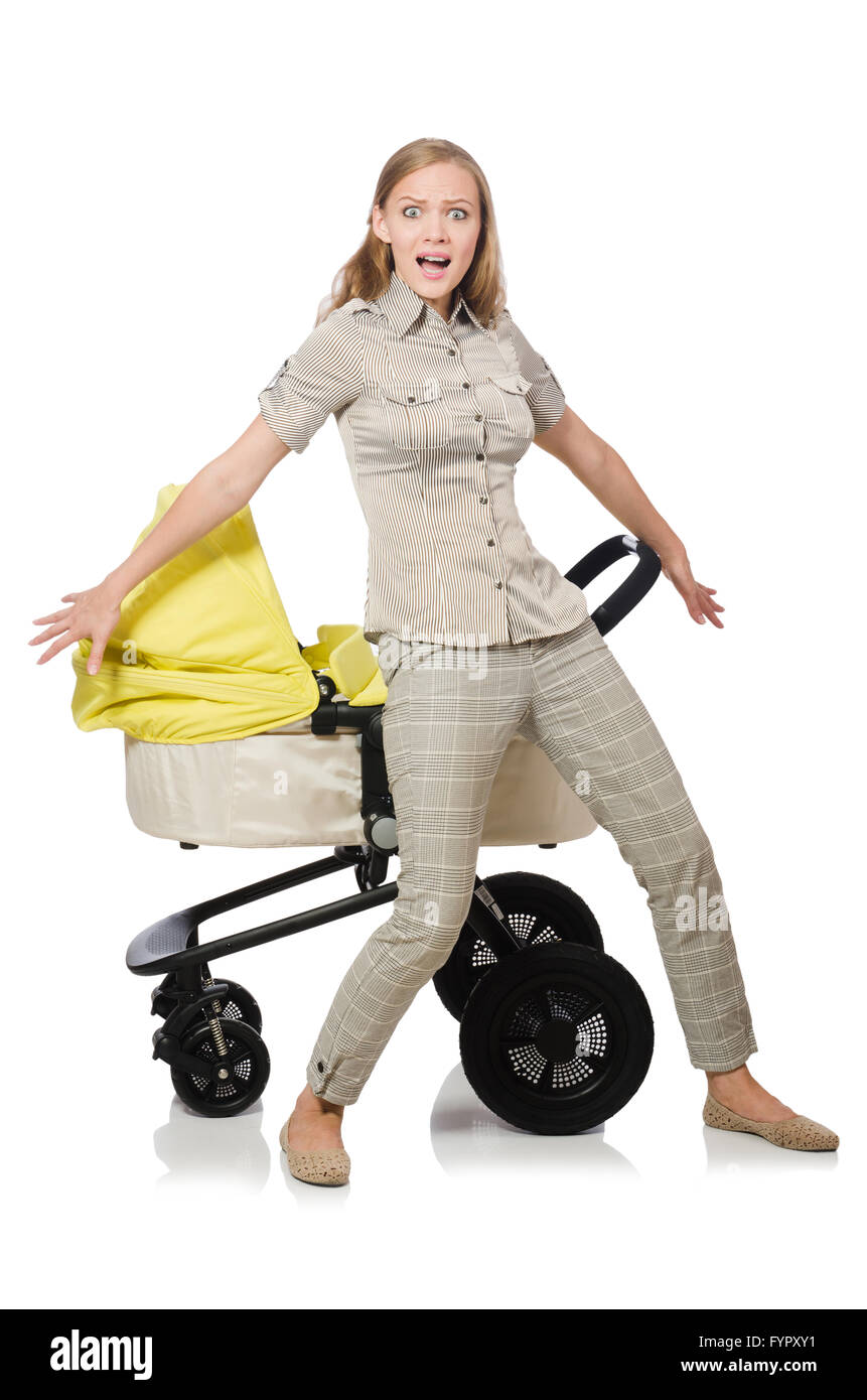 The woman with baby and pram isolated on white Stock Photo - Alamy