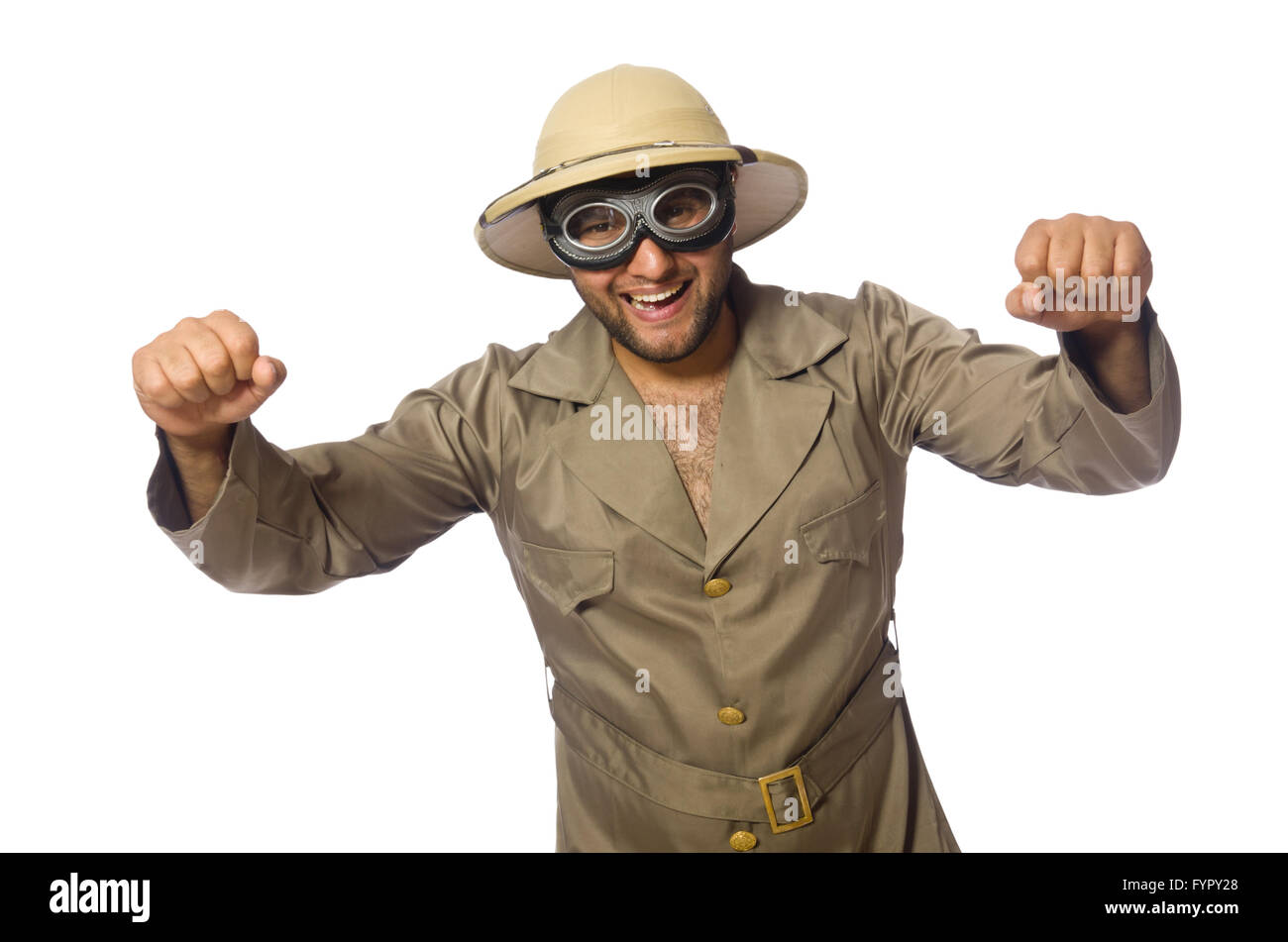 The man in safari hat with goggles on white Stock Photo - Alamy