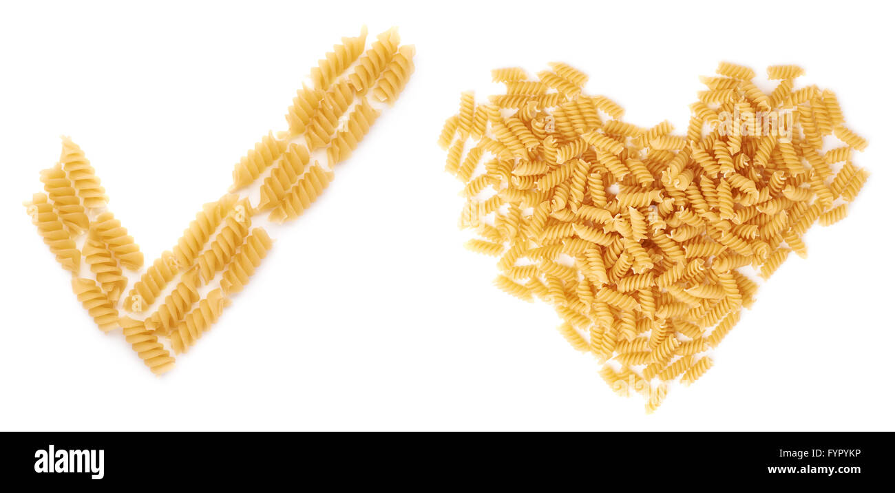 Yes tick sign symbol mark and heart shape made of dry rotini pasta over ...