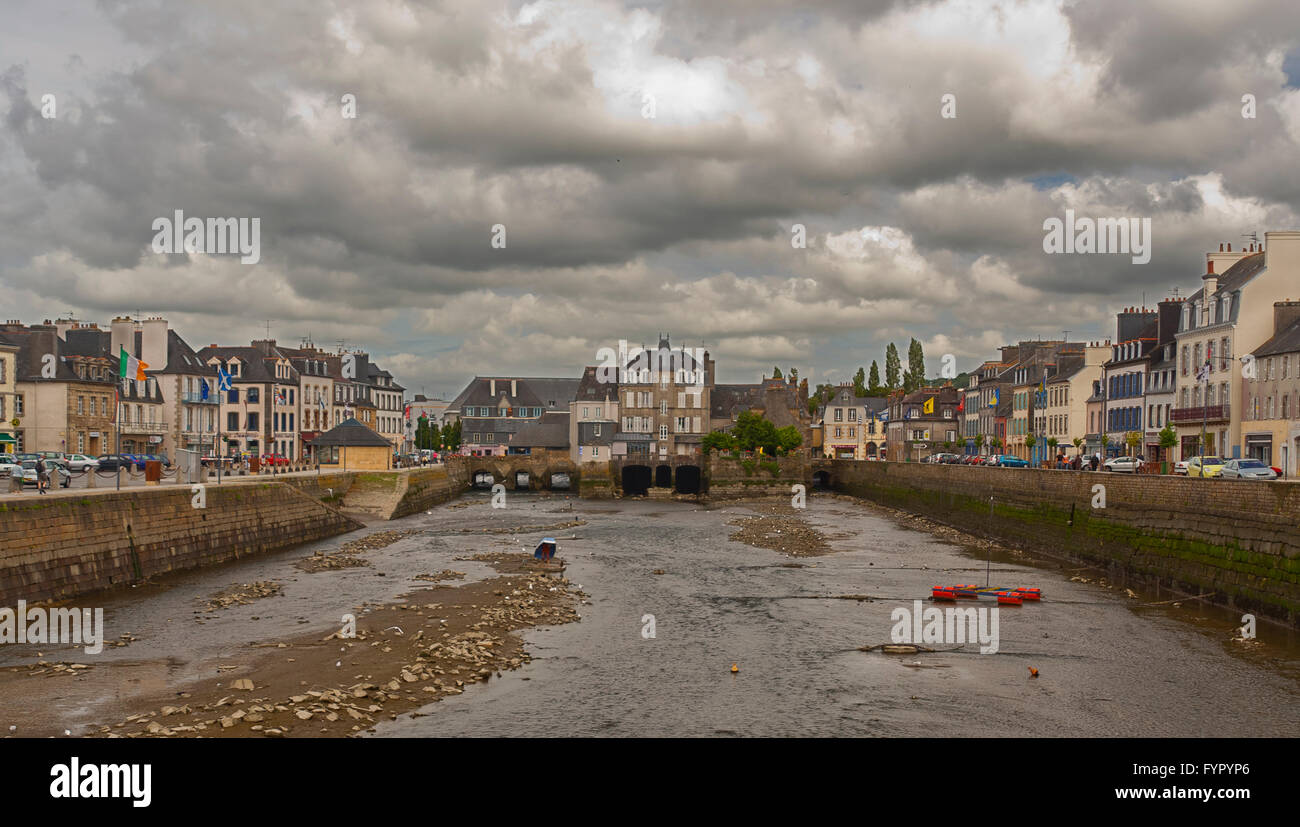 View of the historic bridge of Landerneau in Brittany (France Stock ...