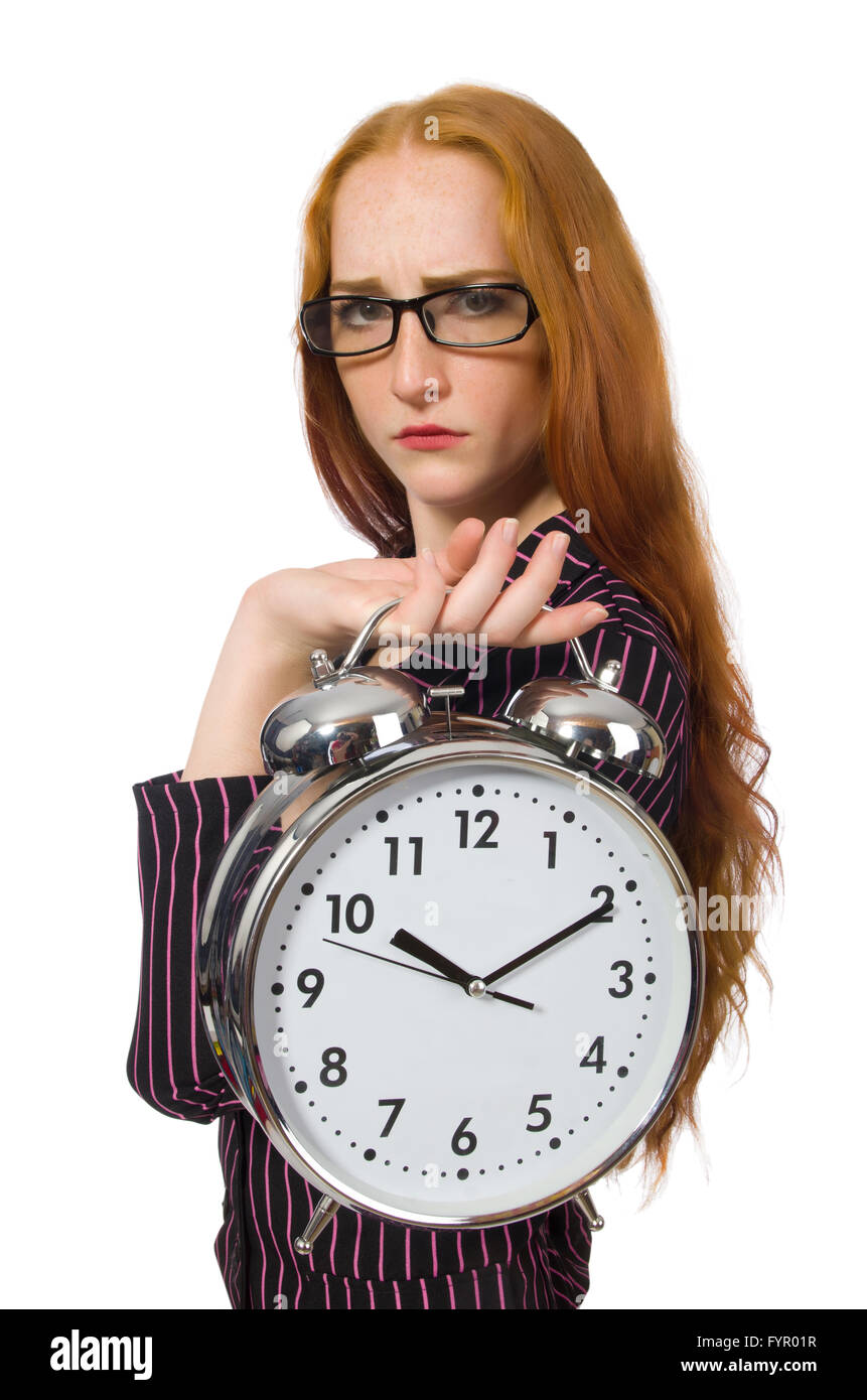 Pretty office employee with alarm clock isolated on white Stock Photo ...