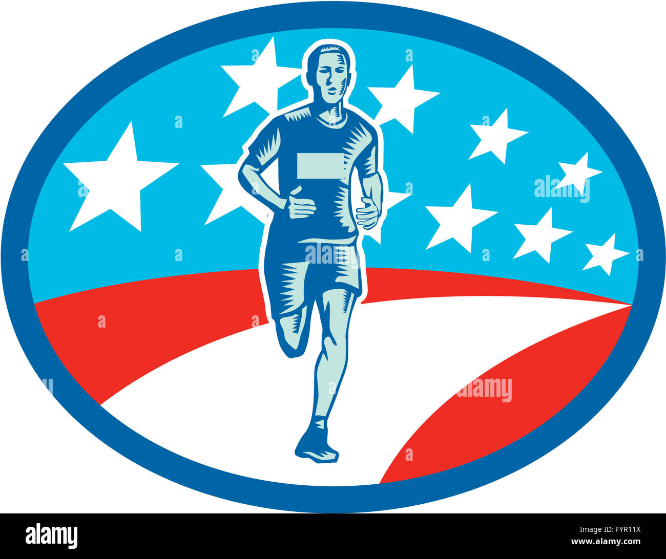 Marathon Runner USA Flag Oval Woodcut Stock Photo - Alamy