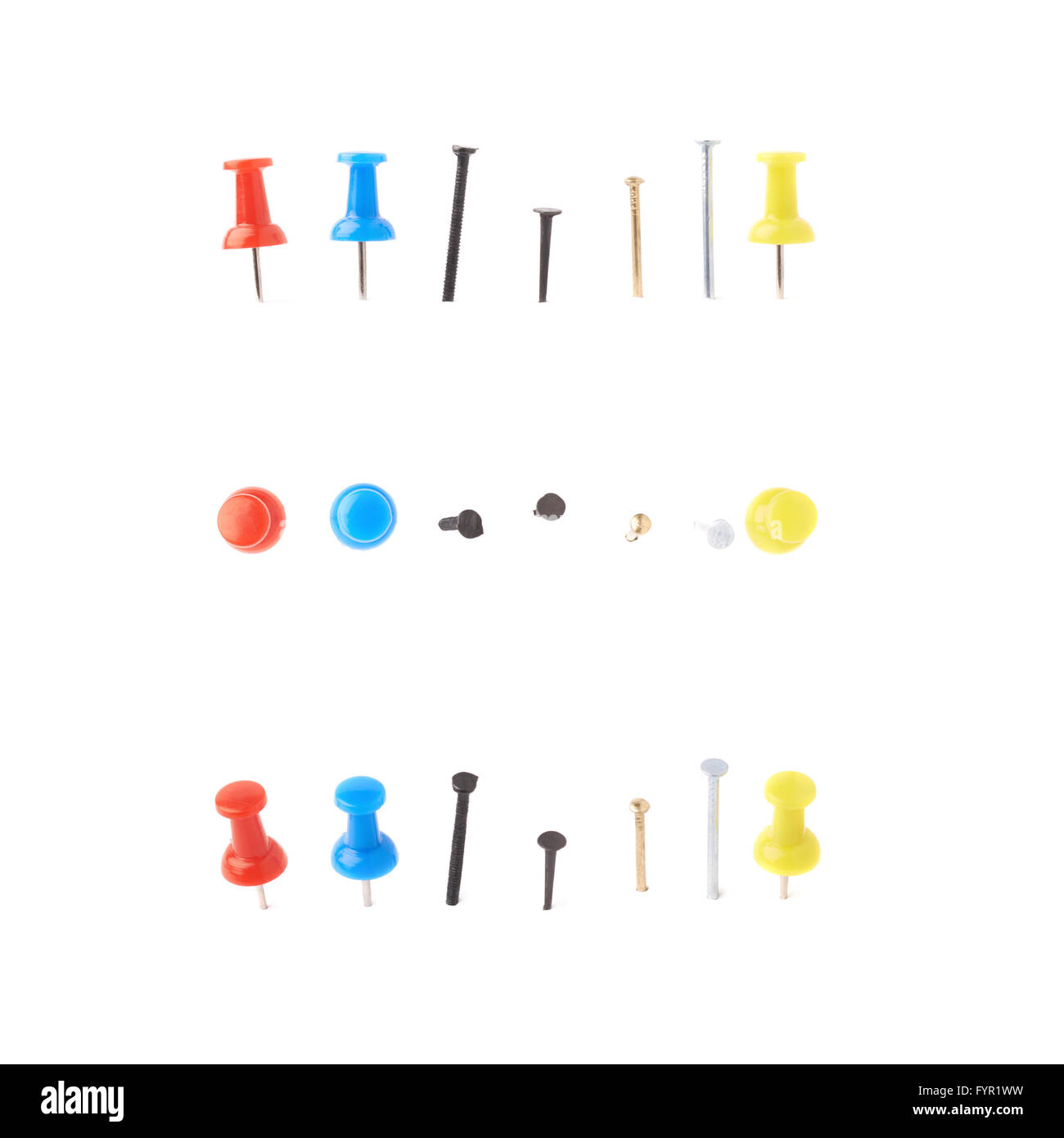 Set of collection of pins and nails over white isolated background ...