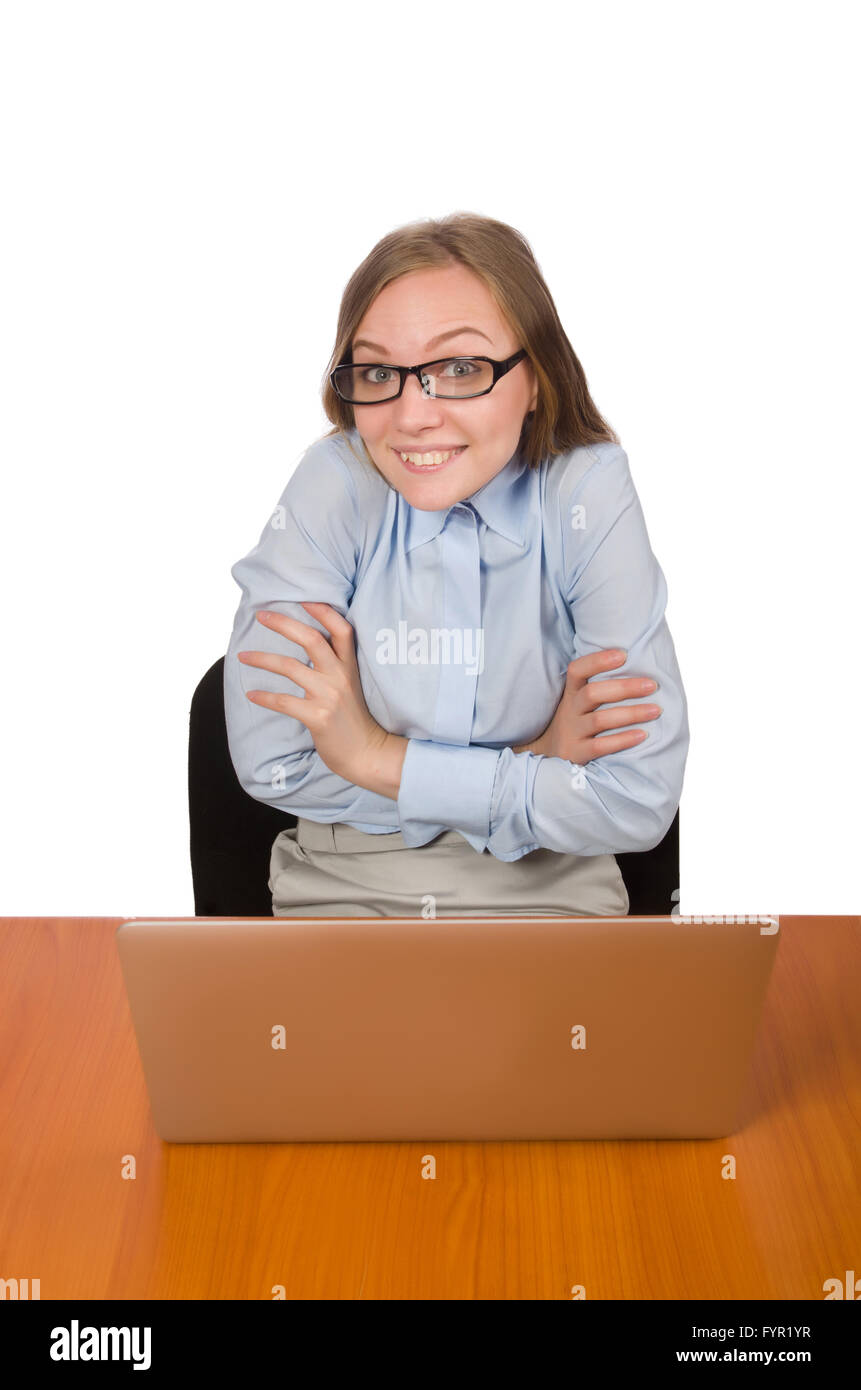 Office employee with laptop isolated on white Stock Photo - Alamy