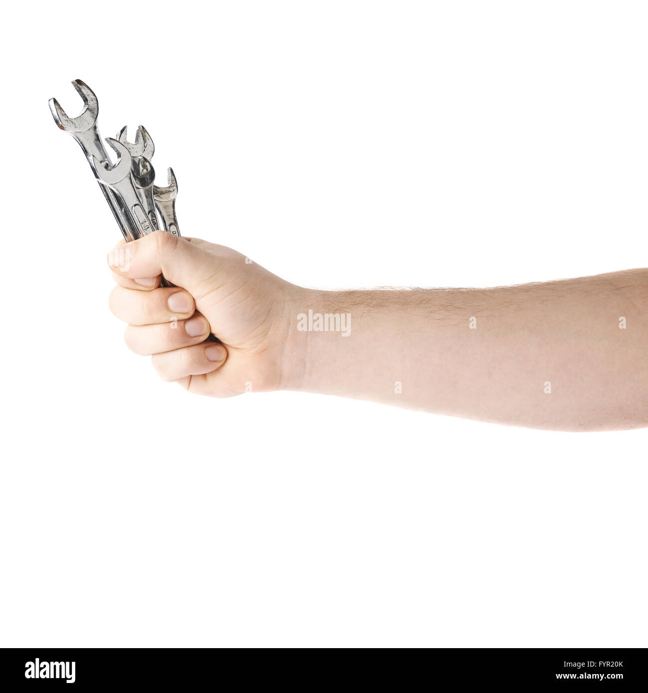 Hand holding a wrench tools, composition isolated over the white ...