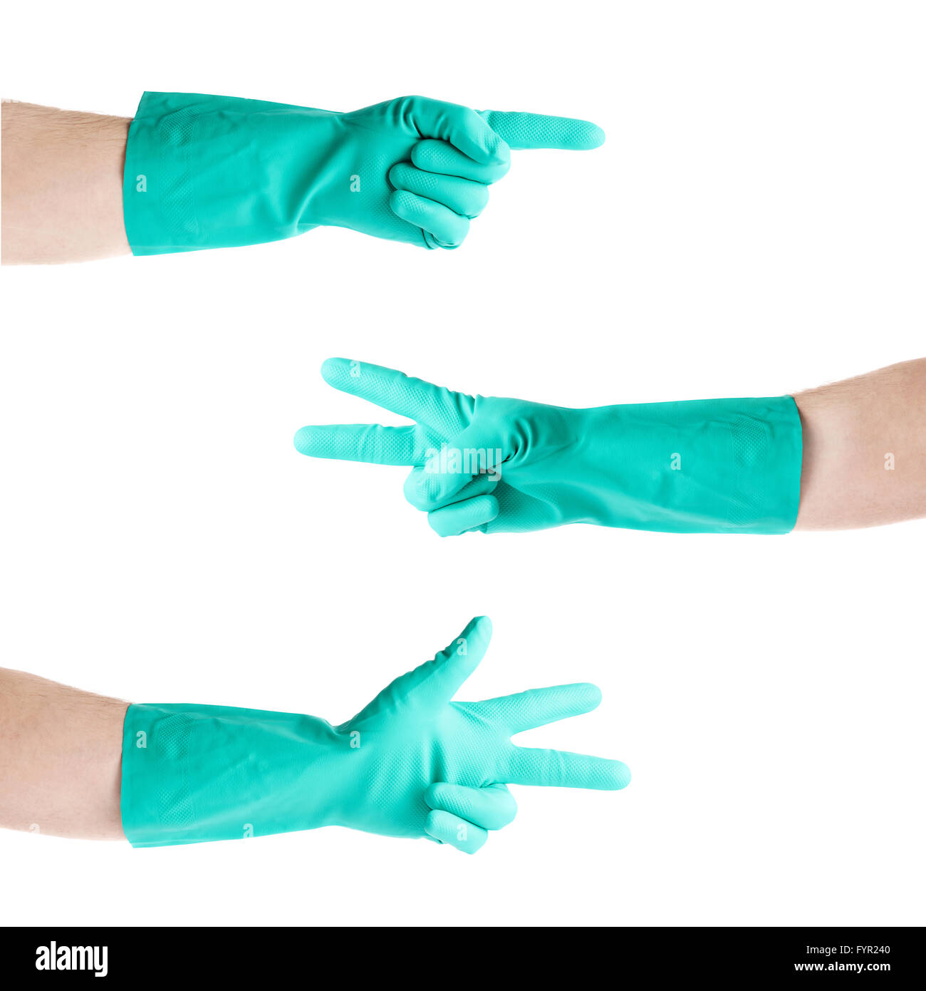 Set of hands in rubber latex glove over white isolated background Stock ...