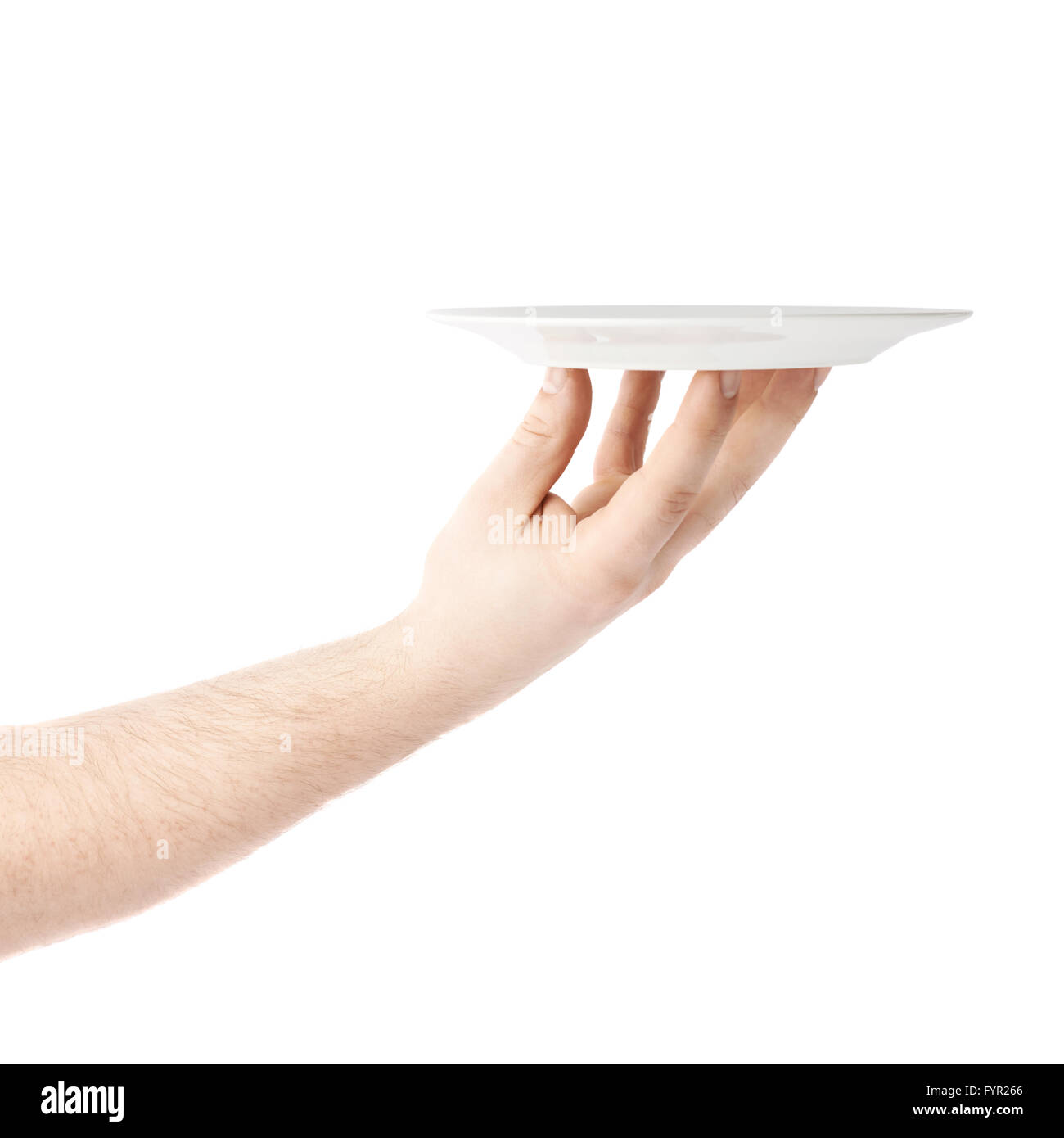 Hand holding a plate, composition isolated over the white background ...