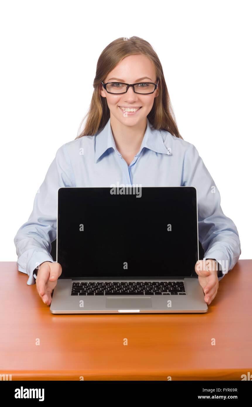 Office employee with laptop isolated on white Stock Photo - Alamy
