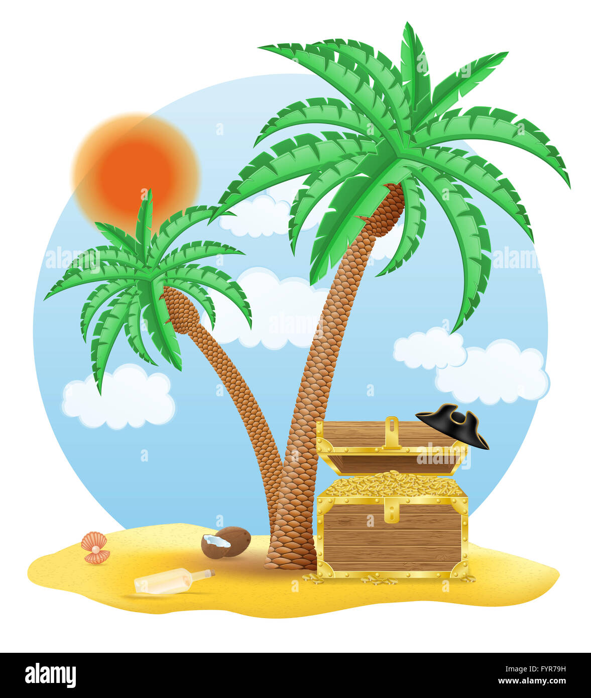 chest of gold standing under a palm tree illustration isolated on white ...