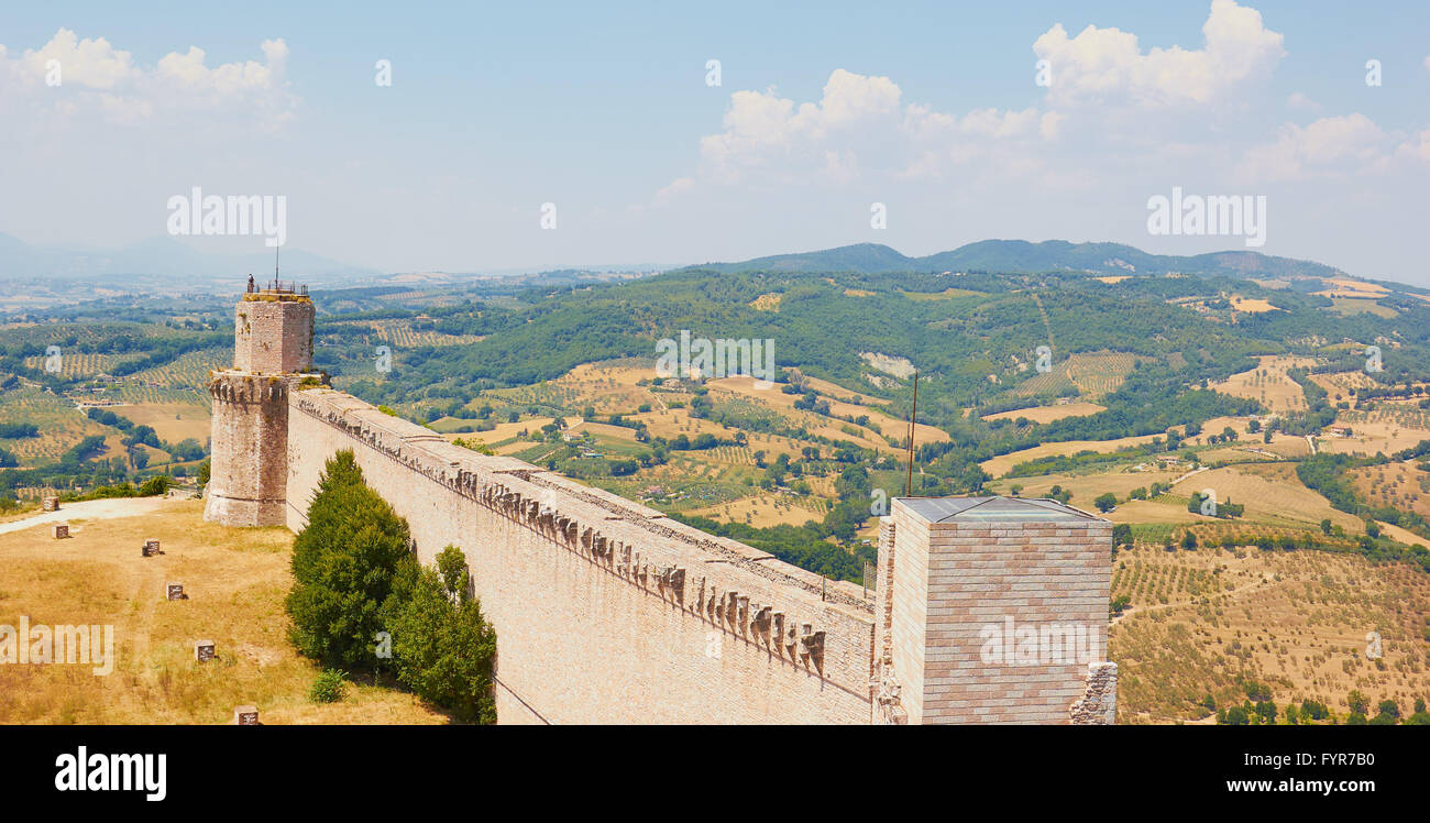 View across Umbrian landscape with Rocca Maggiore medieval castle ...