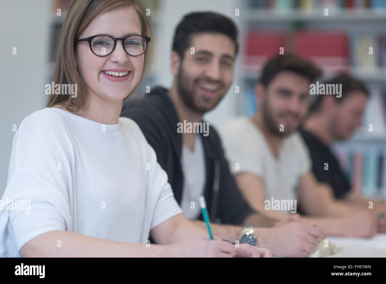 students group study together in school classroom and working together ...