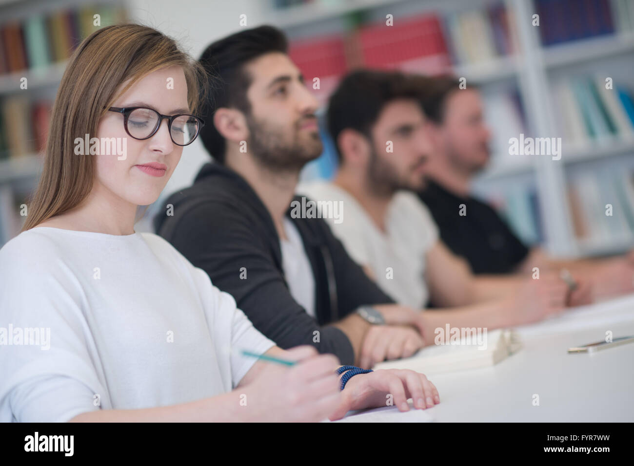 students group study together in school classroom and working together ...