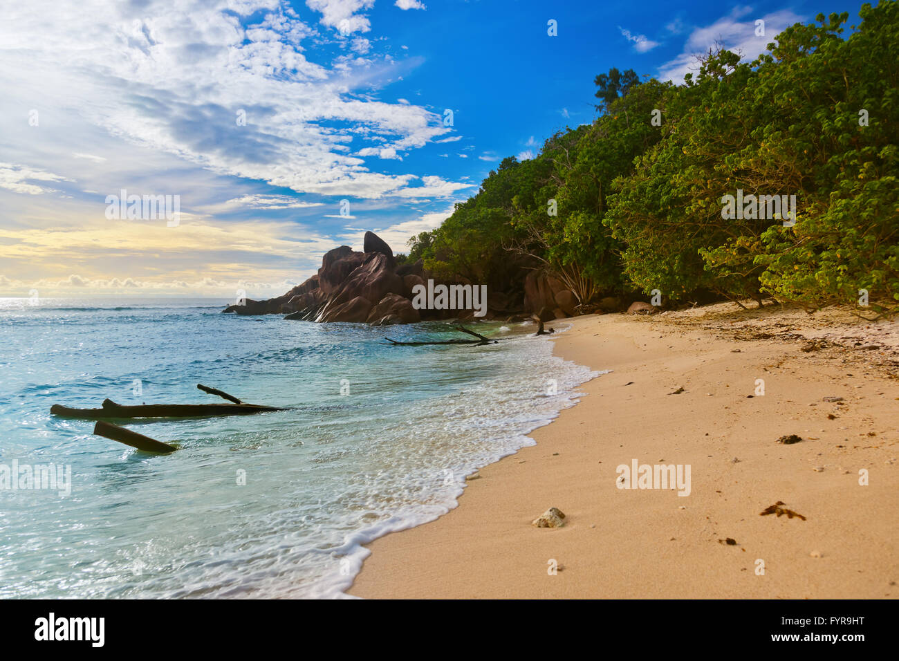Seychelles tropical beach at sunset Stock Photo - Alamy