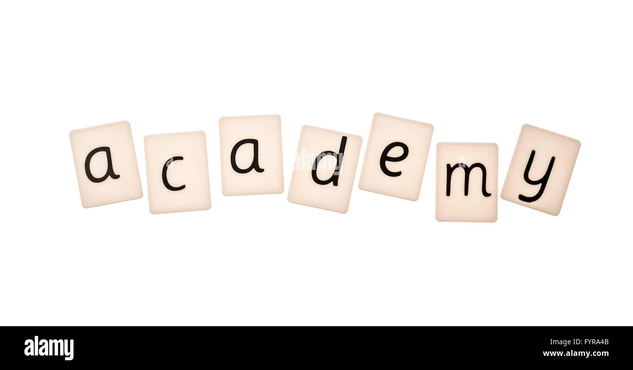Plastic letters on white background spelling the word academy Stock ...