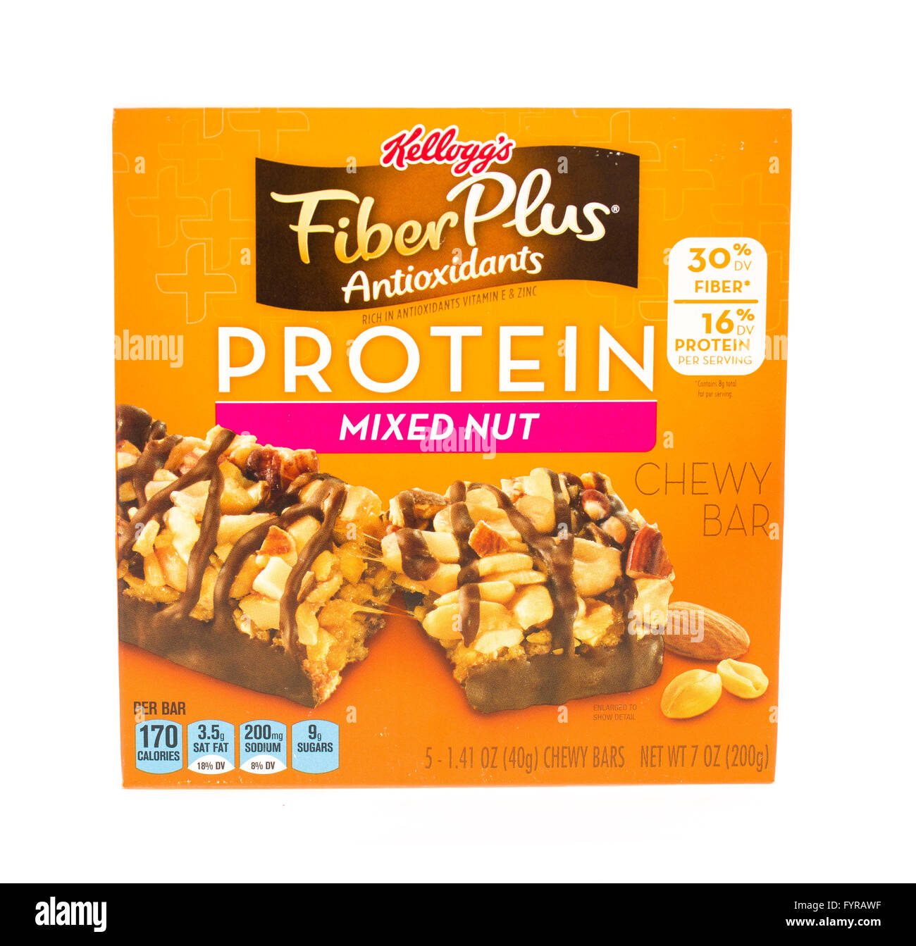 Winneconne, WI - 2 May 2015: Box of Kellog's Fiber Plus protein mixed ...