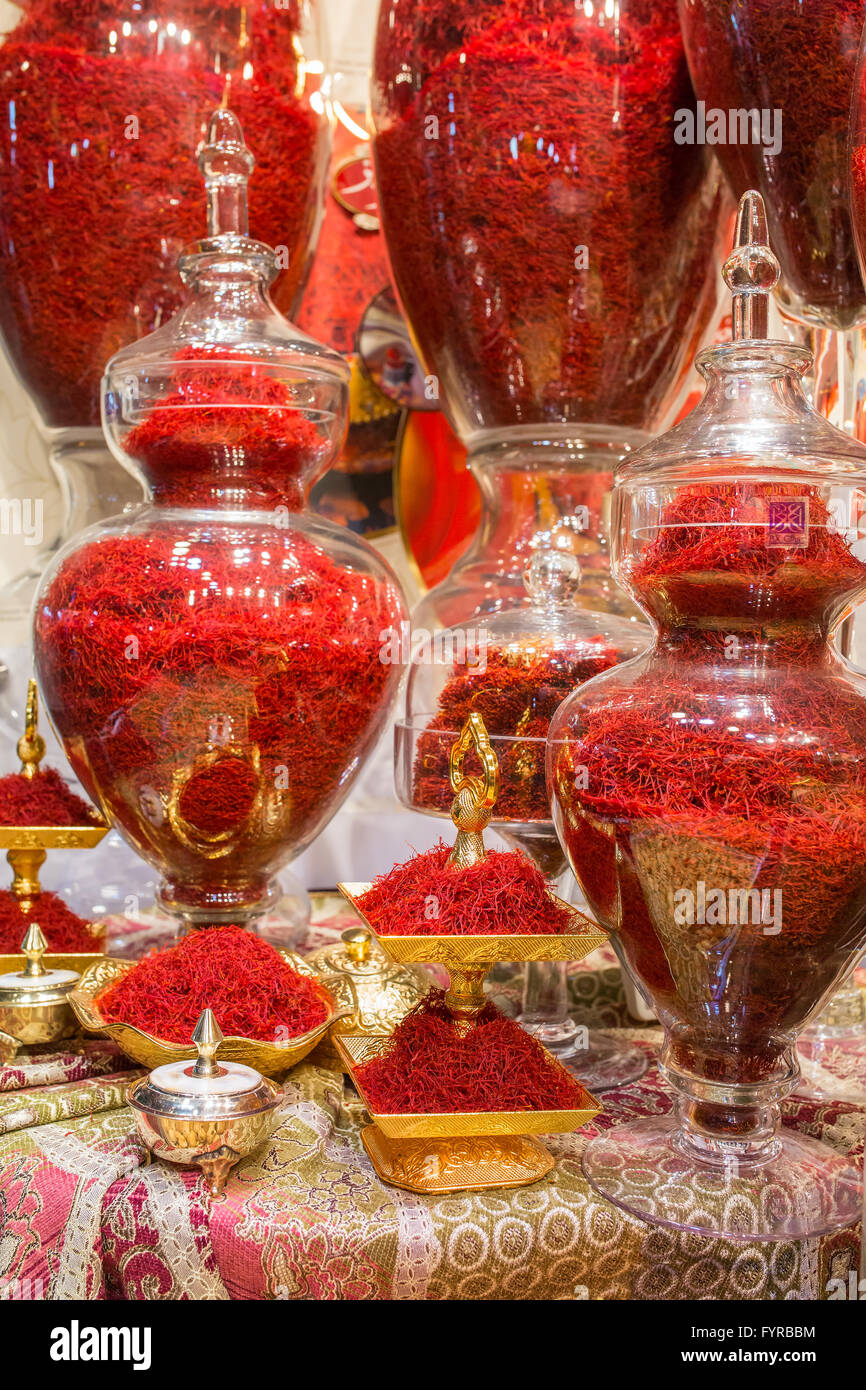 Red Iranian saffron in glasses on market in Tehran, Iran Stock Photo ...