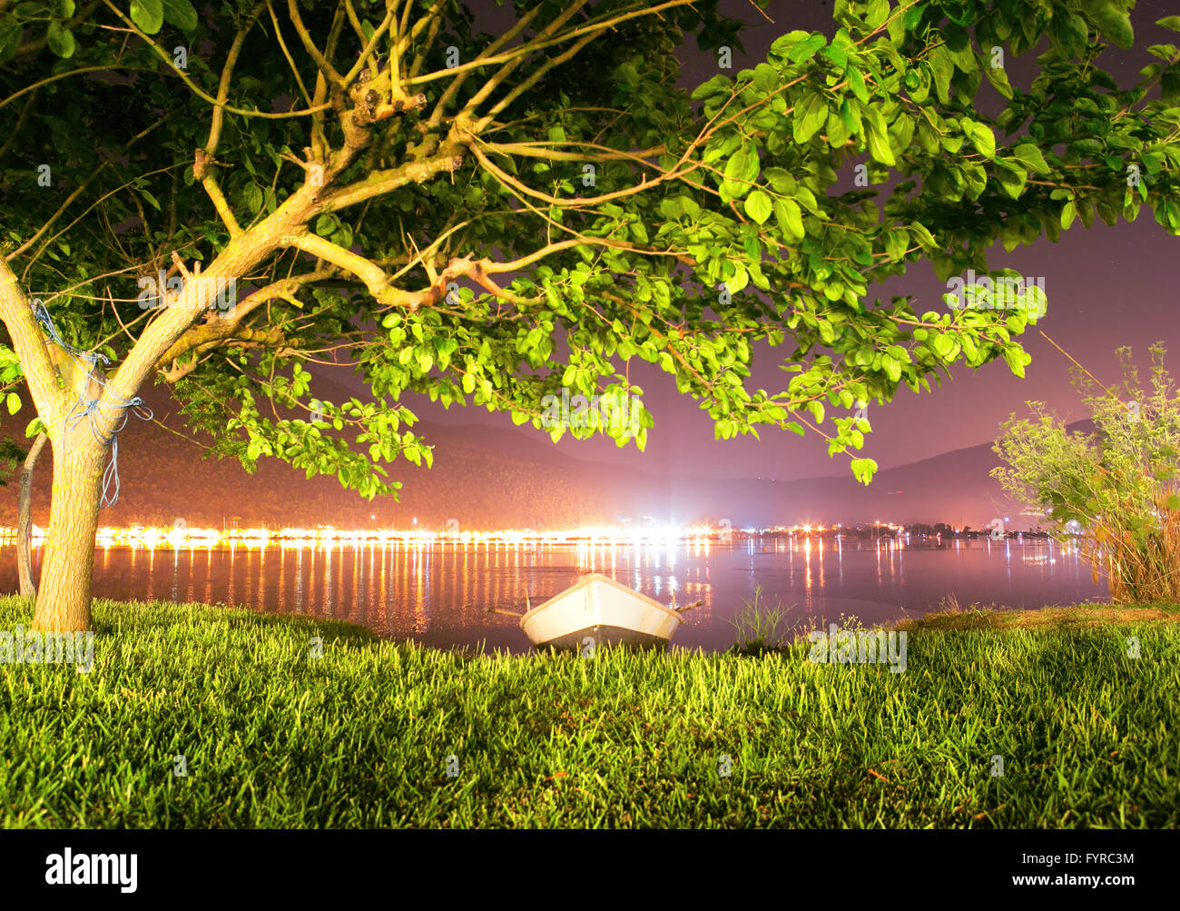 Greece night sea landscape - tree and boat Stock Photo - Alamy