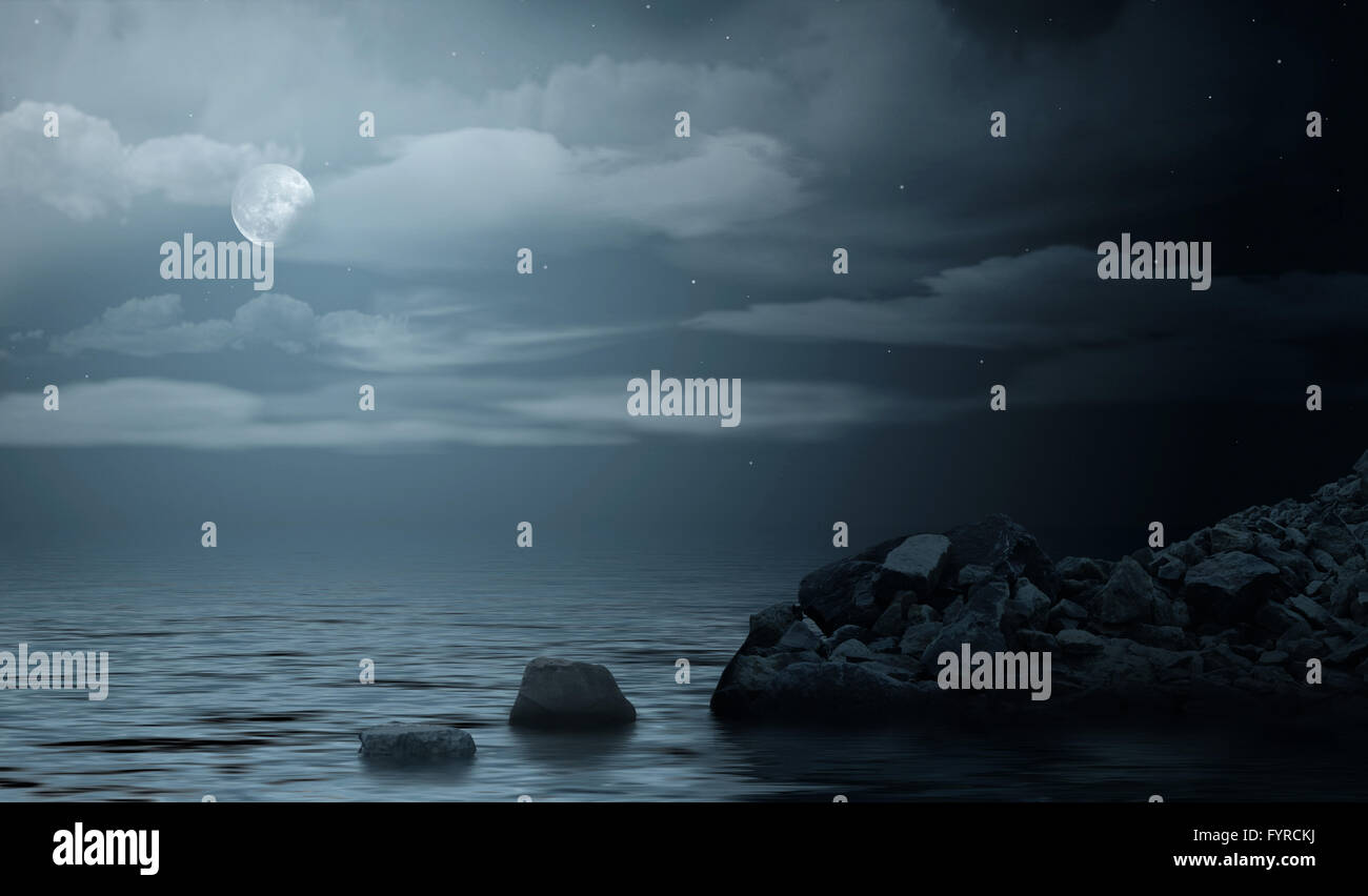 Night sea under cloudy sky Stock Photo - Alamy