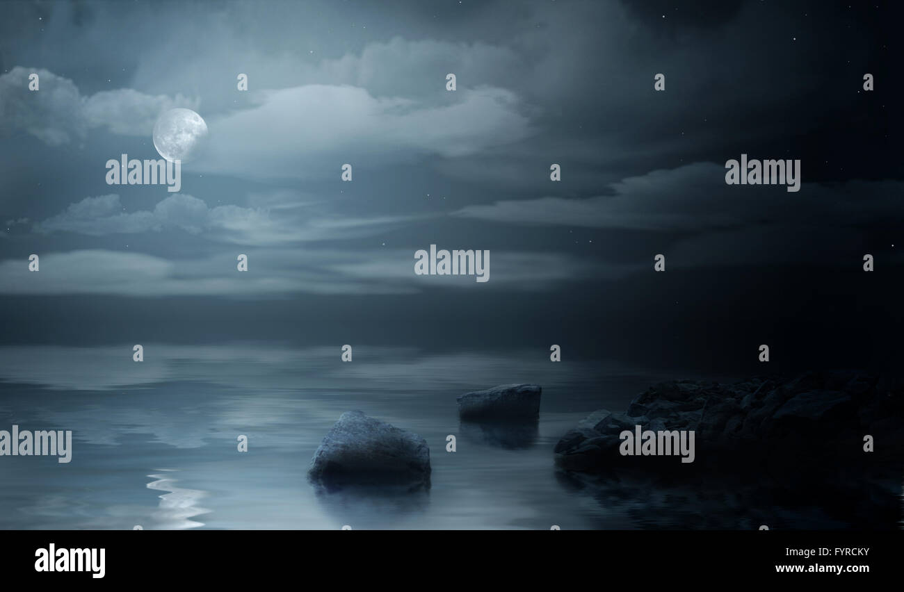 Night sea under cloudy sky Stock Photo - Alamy