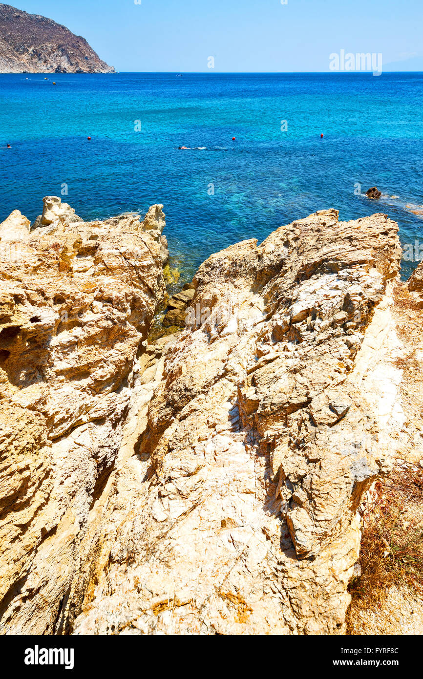 in greece the mykonos island rock beach blue Stock Photo - Alamy