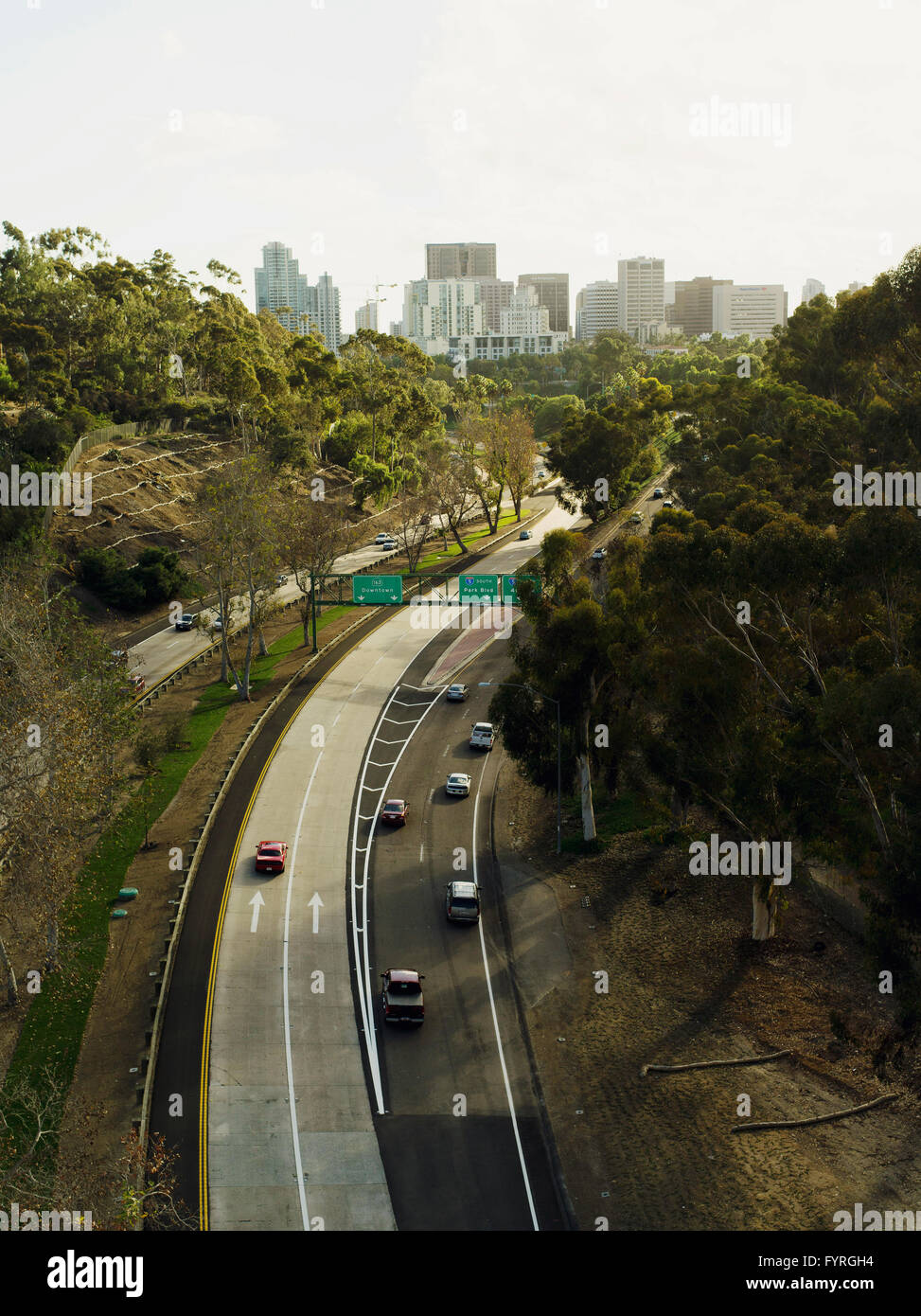 The 163 freeway runs through Balboa park toward the downtown area of ...