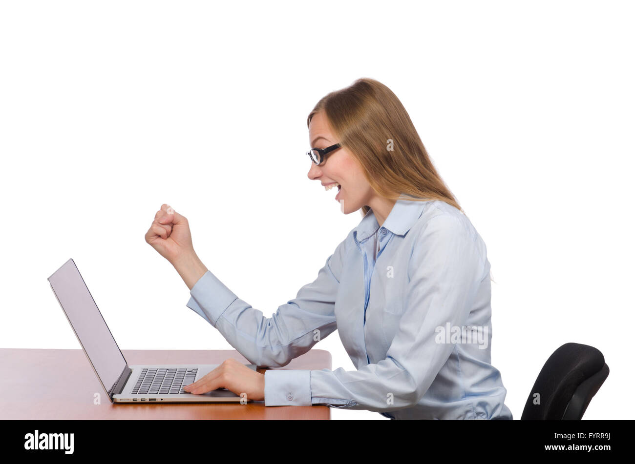 Office employee at work table isolated on white Stock Photo - Alamy
