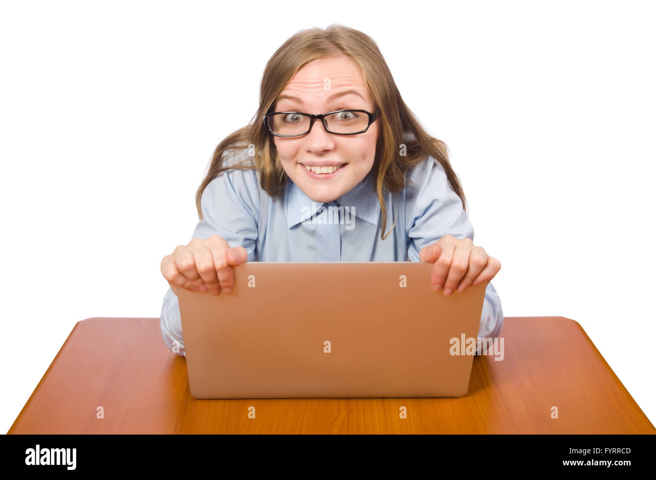 Office employee with laptop isolated on white Stock Photo - Alamy