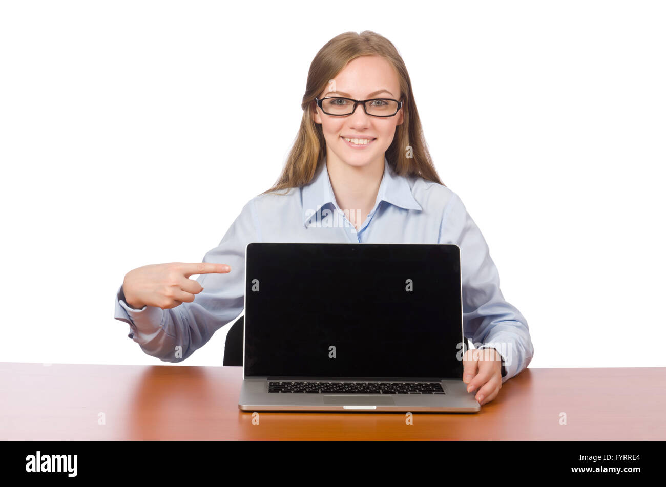 Office employee with laptop isolated on white Stock Photo - Alamy