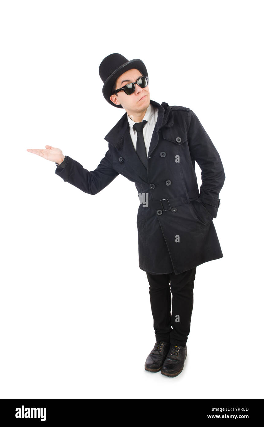 Young detective in black coat isolated on white Stock Photo - Alamy