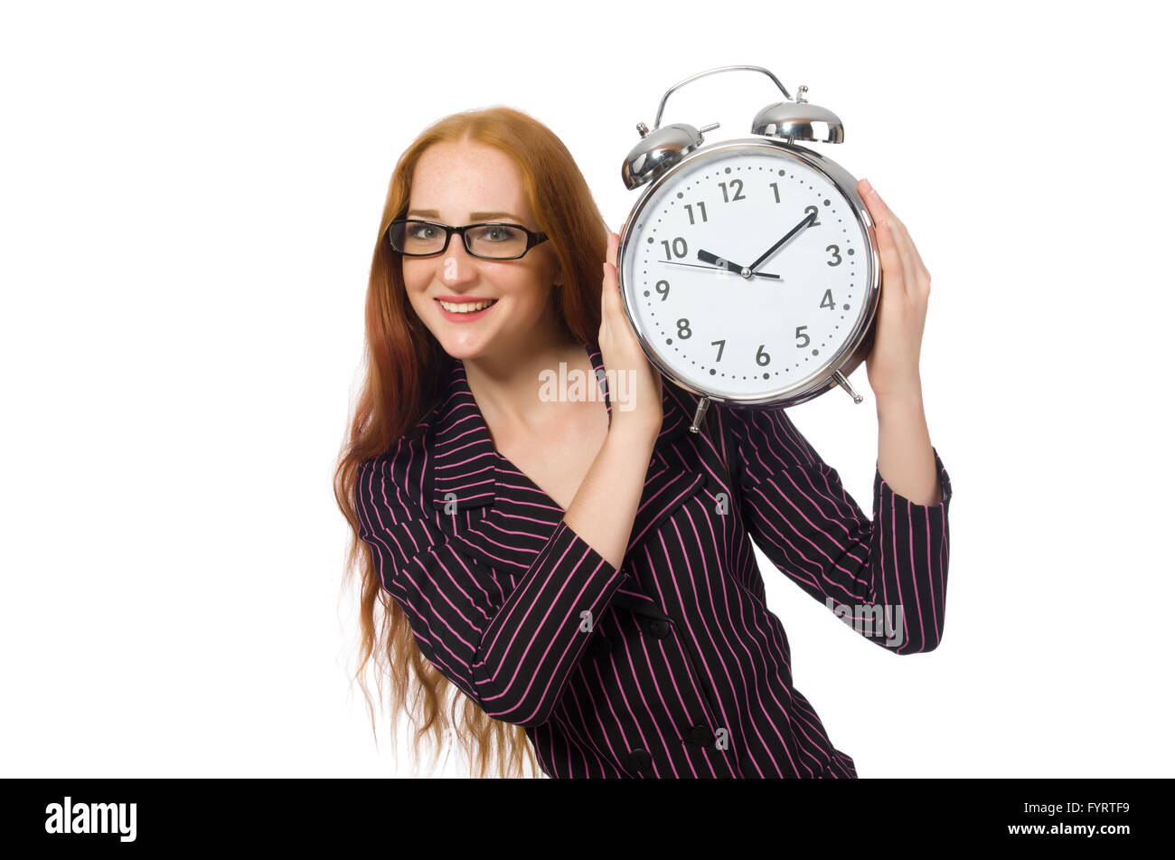 Pretty office employee with alarm clock isolated on white Stock Photo ...