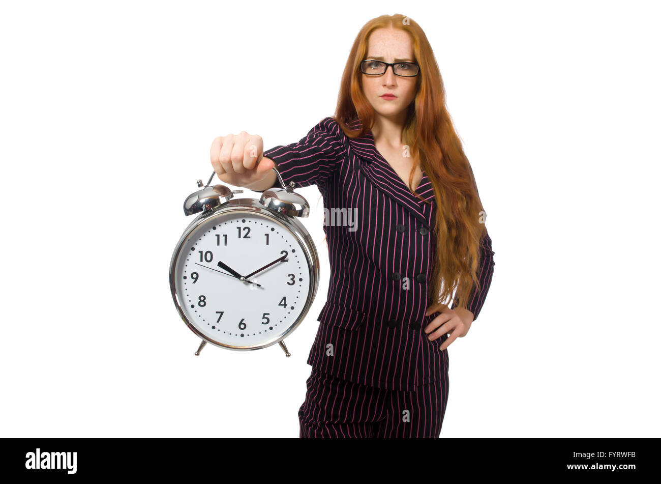 Pretty office employee with alarm clock isolated on white Stock Photo ...